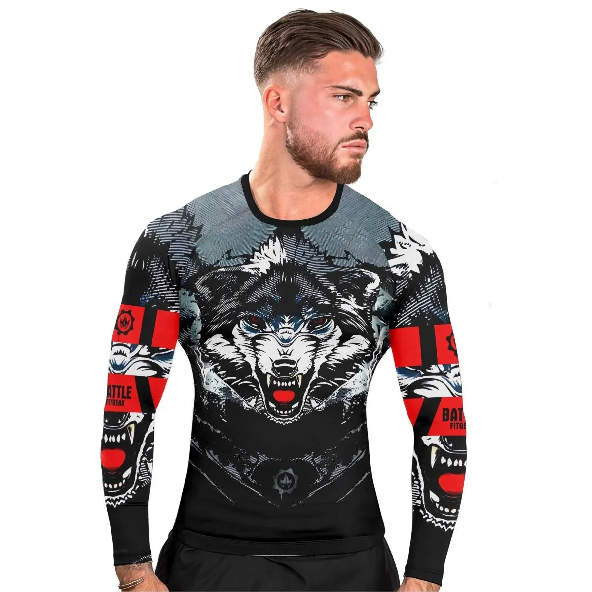 Angry Wolf Men's Long Sleeve Rash Guard | Wolf Workout Shirt