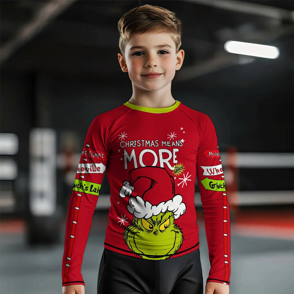 Grinch Christmas Mean More Kids Rash Guard | Youth Athletic Shirt
