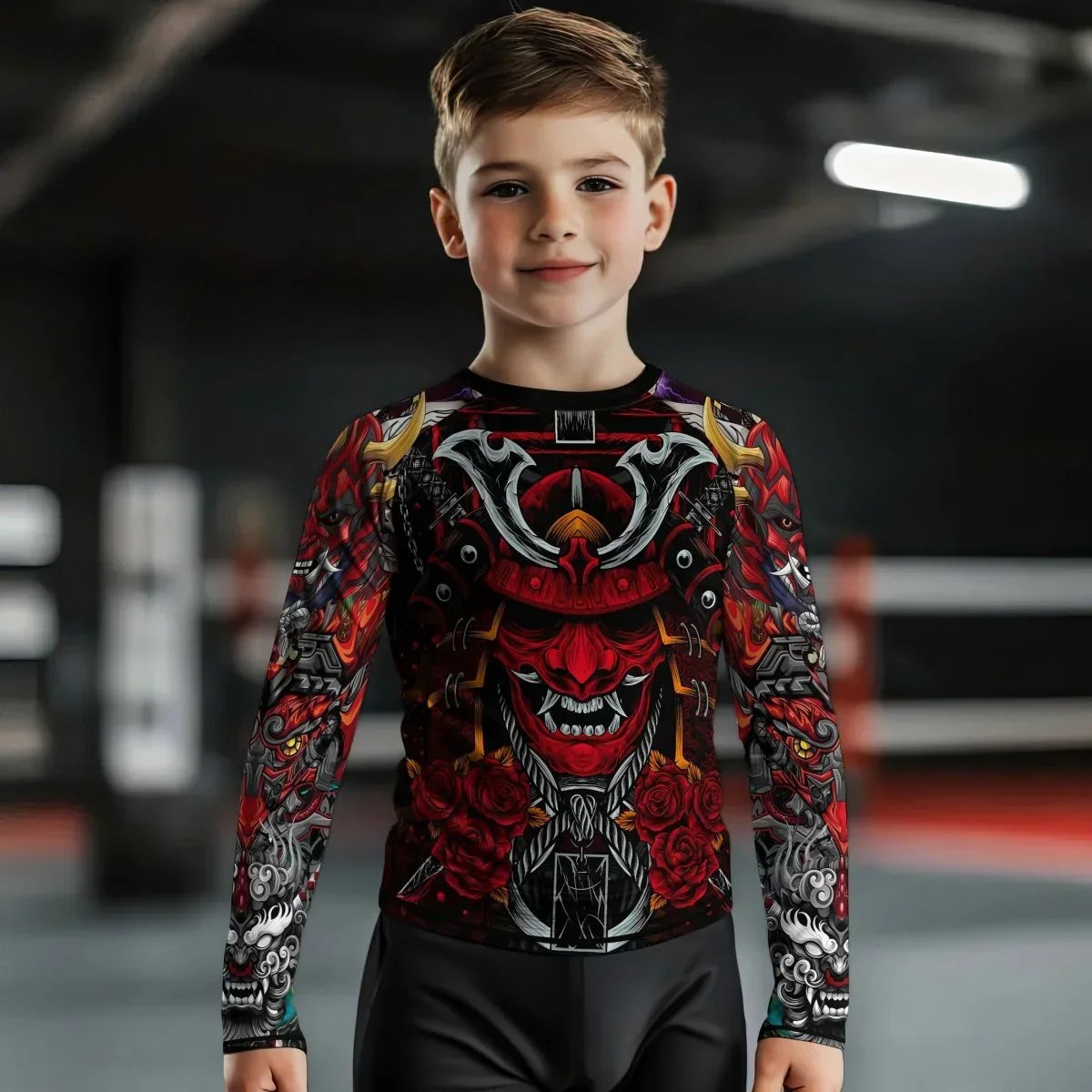 Japanese Red Demon Samurai Kids Rash Guard | Athletic Wear