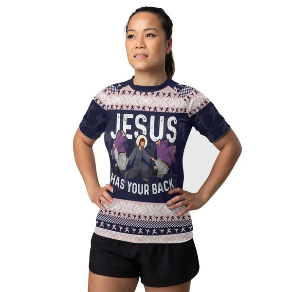 Jesus Has Your Back Women's Short Sleeve Rash Guard | Athletic Sportswear