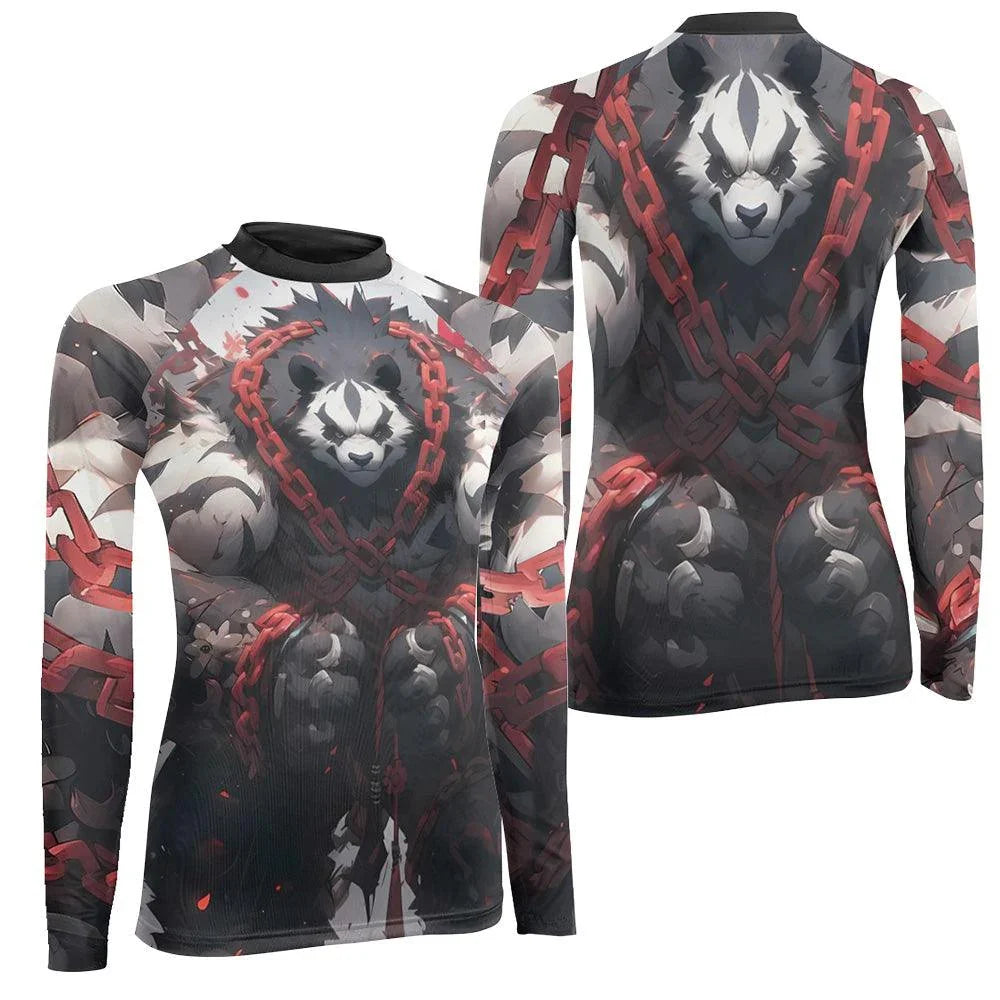 Warrior Panda Skull Women Long Rash Guard | Panda Skull Workout Shirt