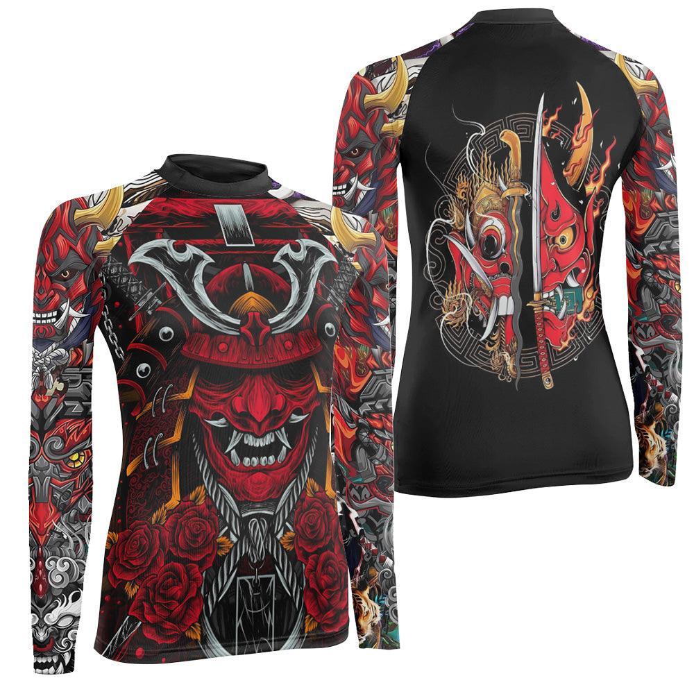 Japanese Red Demon Samurai Women's Long Sleeve Rash Guard