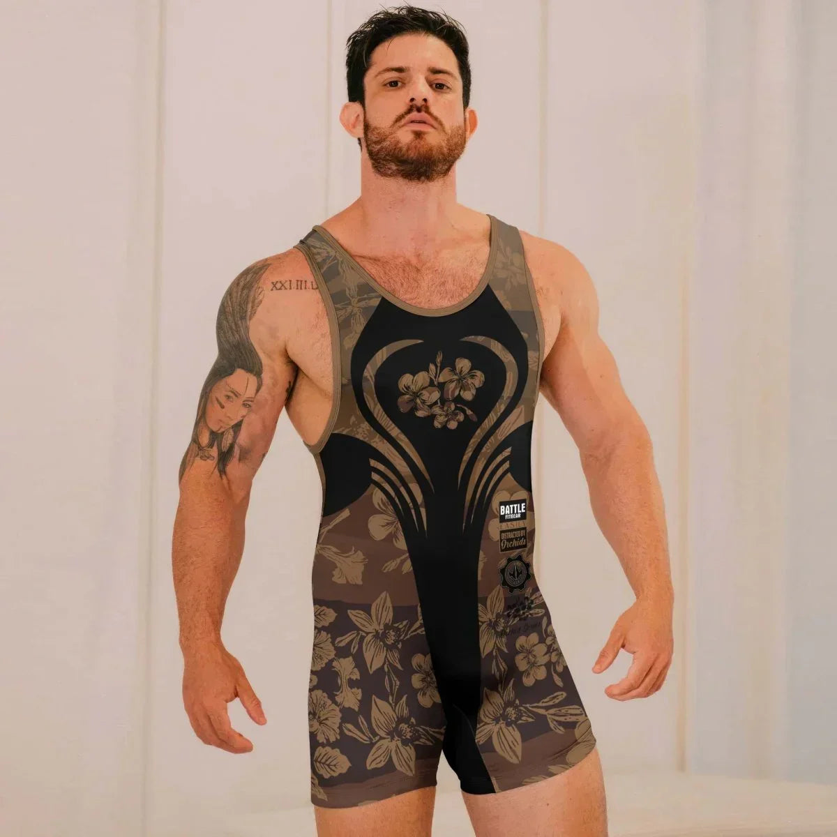 Orchid Series Floral Brown Heart Pattern Wrestling Singlets