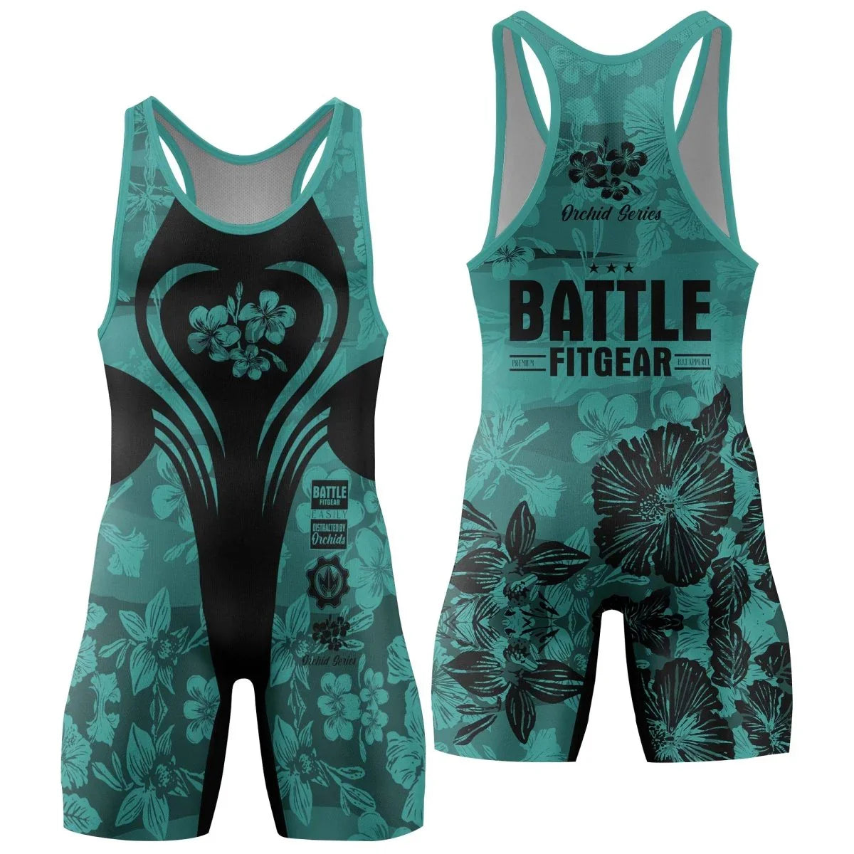 Orchid Series Floral Teal Heart Pattern Wrestling Singlets