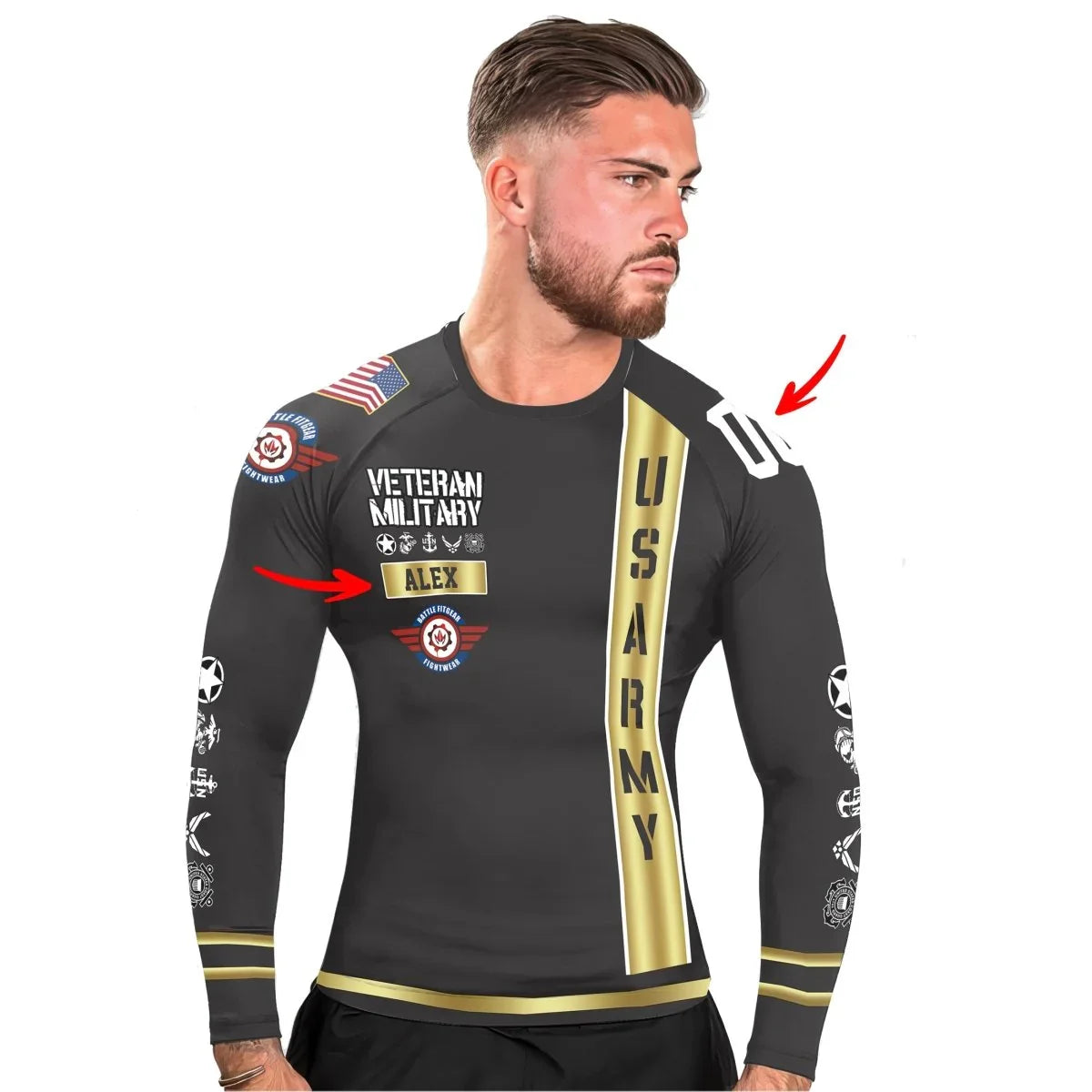 Personalized USA Army Veteran Men's Long Sleeve Rash Guard