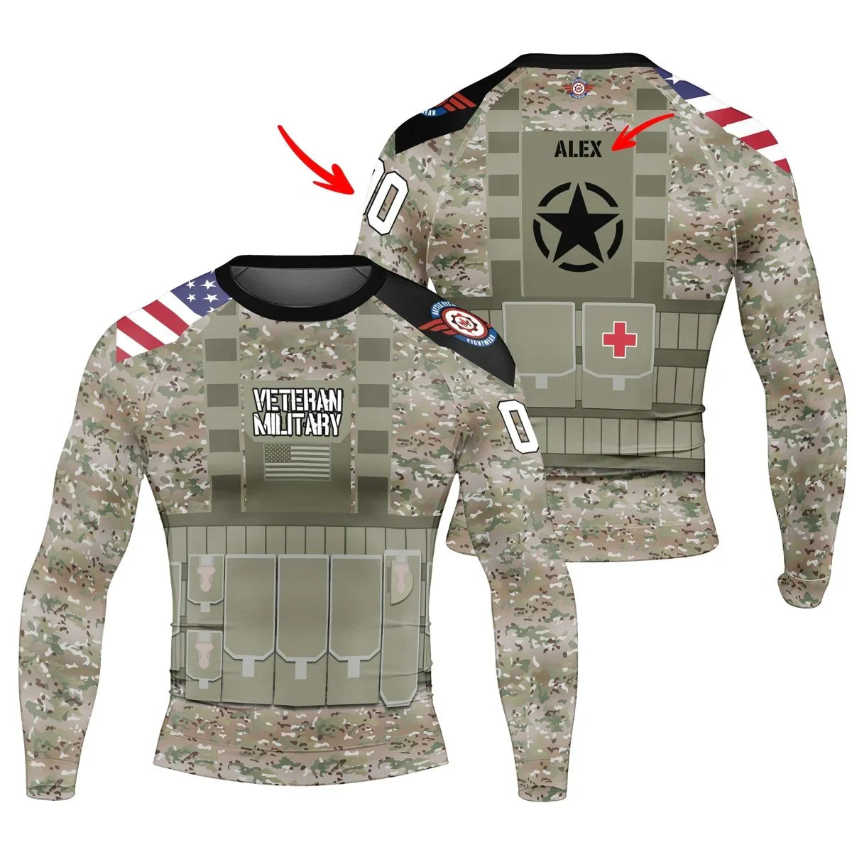Personalized USA Army Veteran Military Men's Long Sleeve Rash Guard
