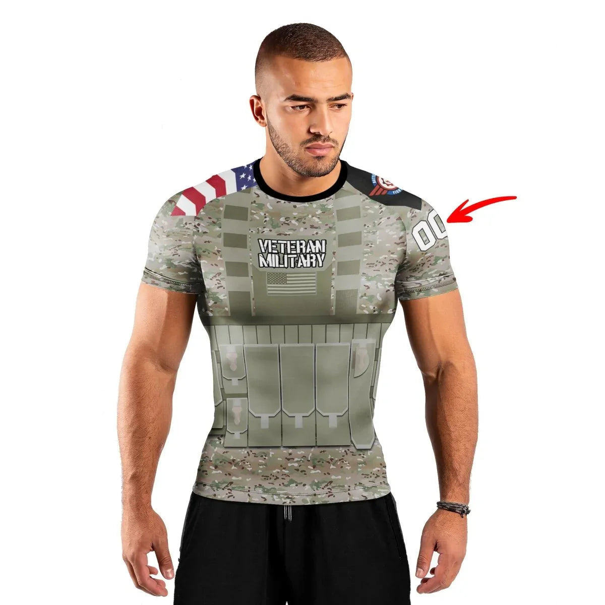 Personalized USA Army Veteran Military Men's Short Sleeve Rash Guard