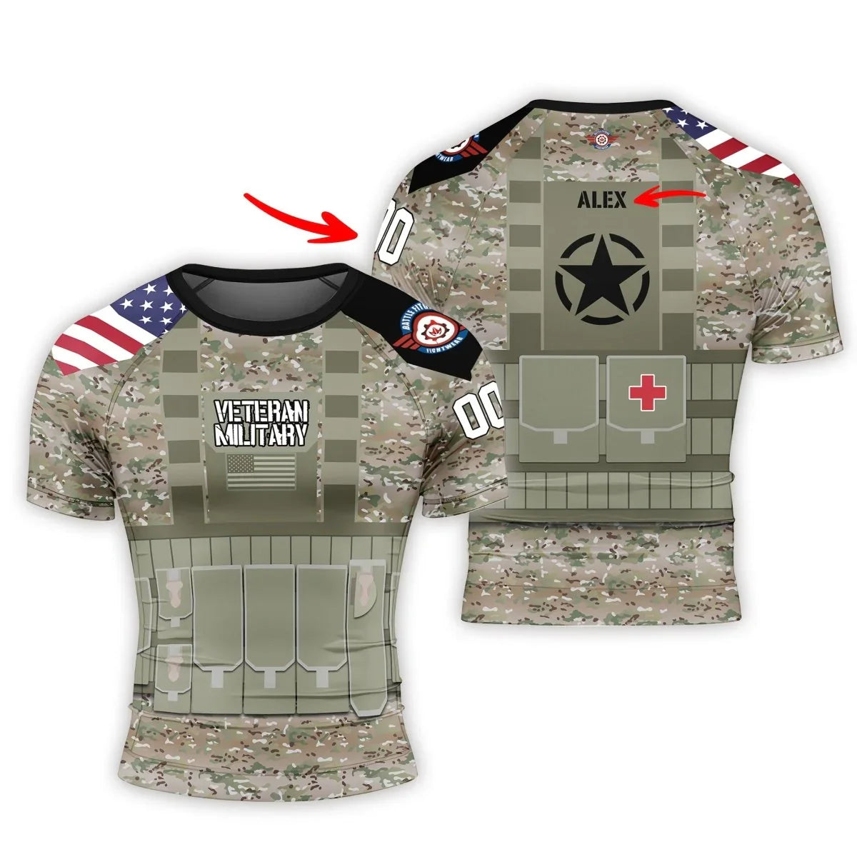 Personalized USA Army Veteran Military Men's Short Sleeve Rash Guard