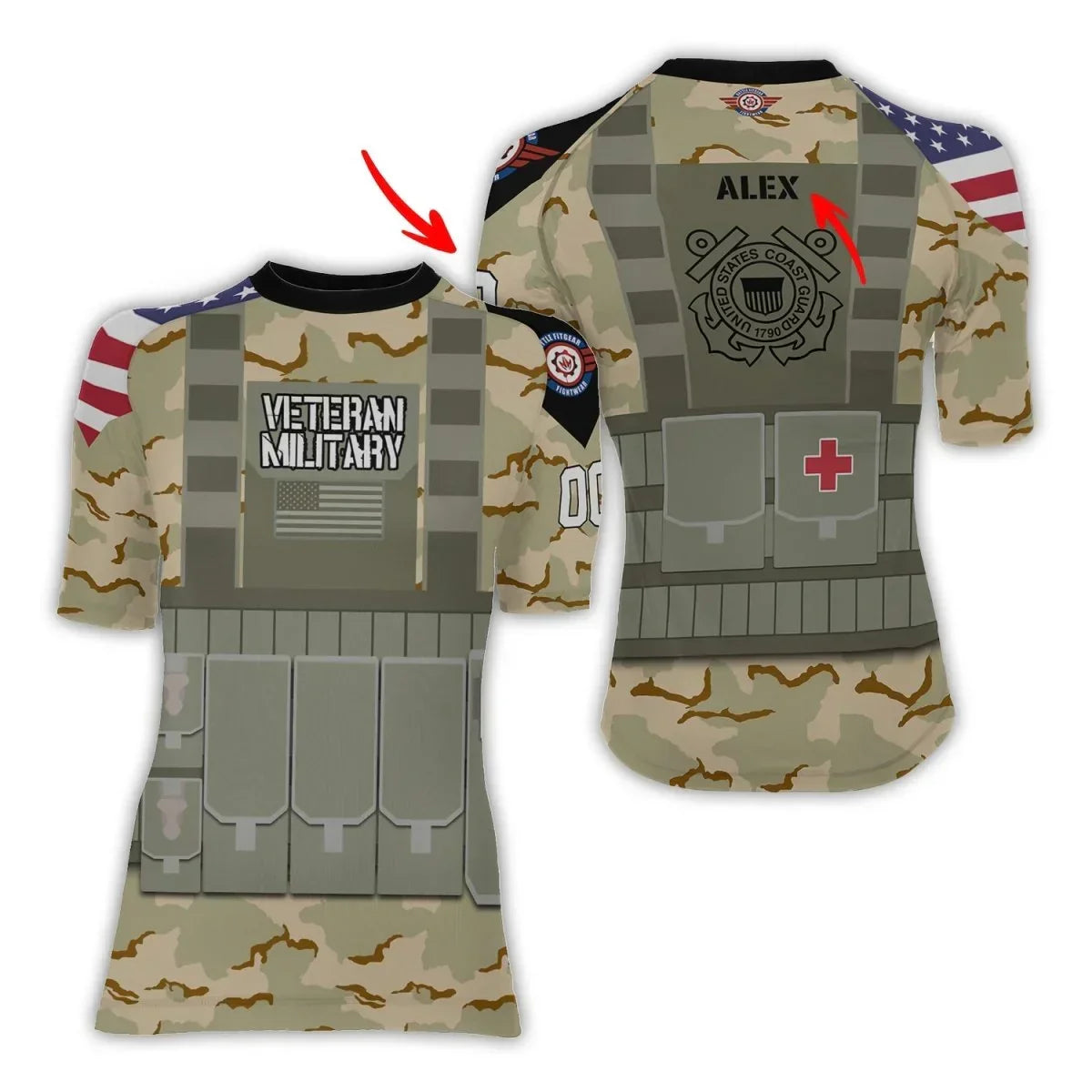 Personalized USA Coast Guard Veteran Women's Short Sleeve Rash Guard
