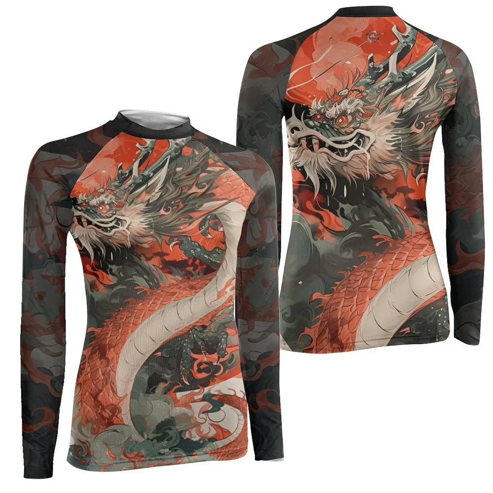 Rising Red Dragon Women Long Sleeve Rash Guard | Dragon Workout Shirt
